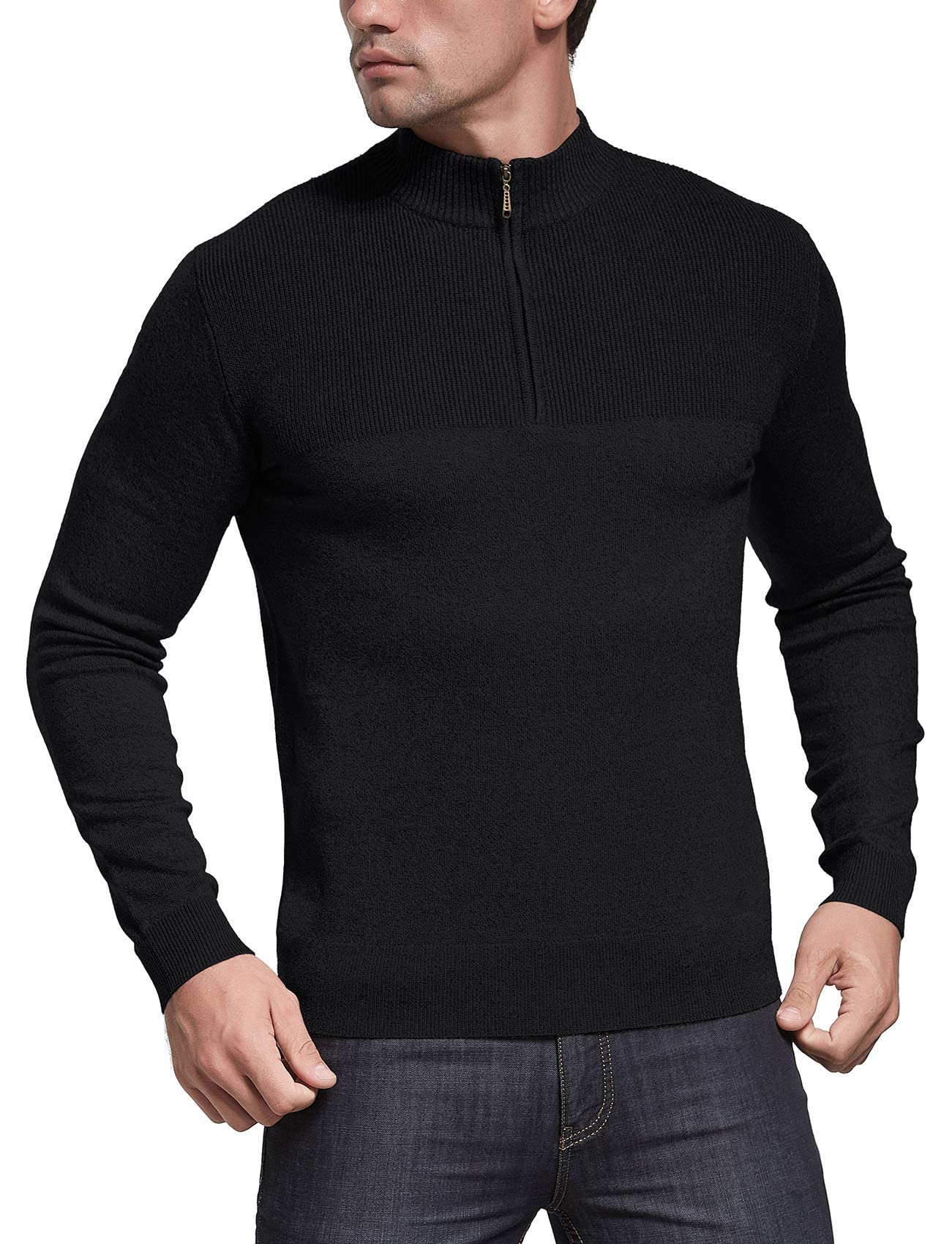 NITAGUT Mens Slim Fit Zip Up Mock Neck Polo Sweater Casual Long Sleeve Sweater and Pullover Sweaters with Ribbing Edge(Black-S)
