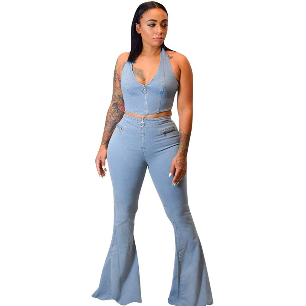 SERYU Tracksuit Womens Button Zipper Pocket Jeans Casual Denim Flares Sexy Set Tops Pants Suit