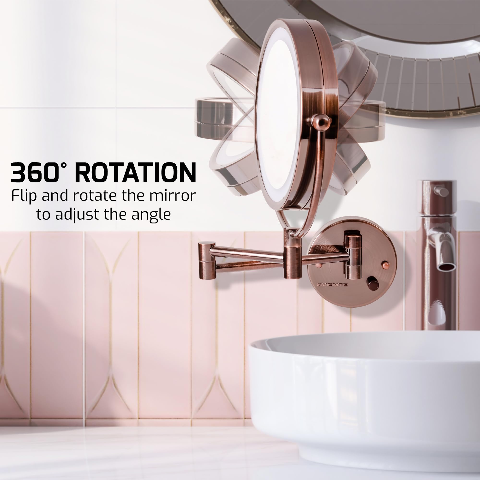 OVENTE 9" Lighted Wall Mount Makeup Mirror with 1X/7X Magnification, Double Sided Magnifying Bathroom Mirror, LED Glow Light, 360° Swivel Design, Extendable Folding Arm, Antique Brass MPWD3185AB1X7X
