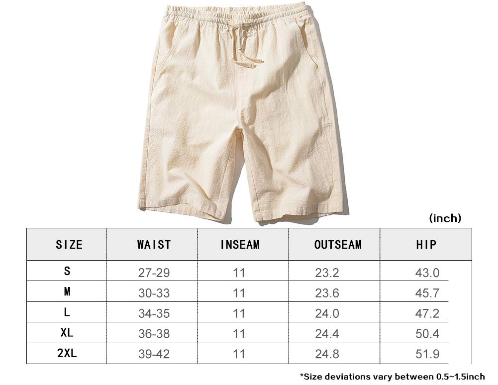 SIR7 Men's Linen Casual Classic Fit 11 Inch Inseam Elastic Waist Shorts with Drawstring Beige X-Large