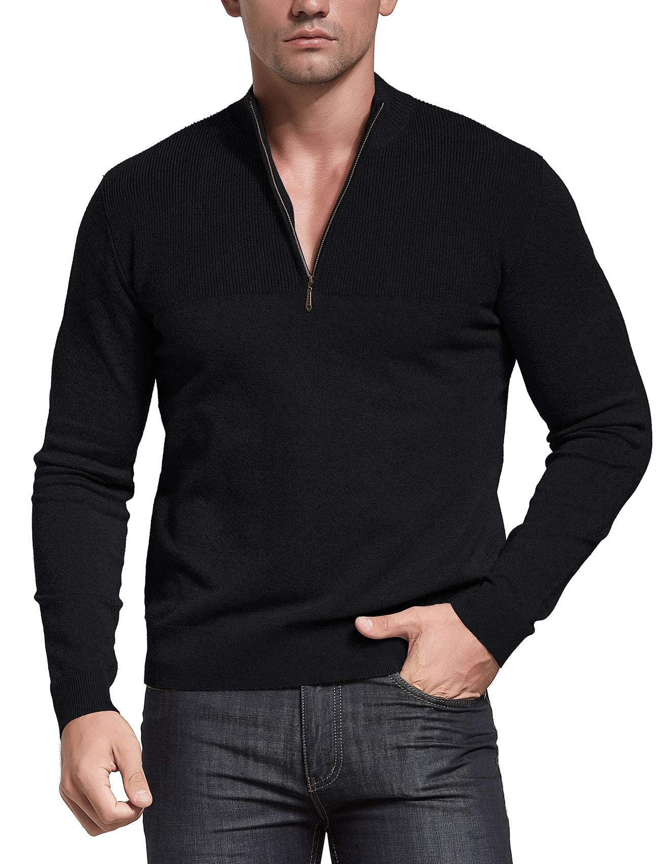 NITAGUT Mens Slim Fit Zip Up Mock Neck Polo Sweater Casual Long Sleeve Sweater and Pullover Sweaters with Ribbing Edge(Black-S)