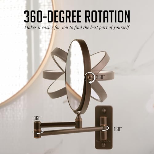 OVENTE 7" Wall Mounted Makeup Mirror with 1X/10X Magnification, Double Sided Magnifying Round Bathroom Vanity Mirror, 360° Swivel Design, Extendable and Folding Arm, Antique Bronze MNLFW70ABZ1X10X