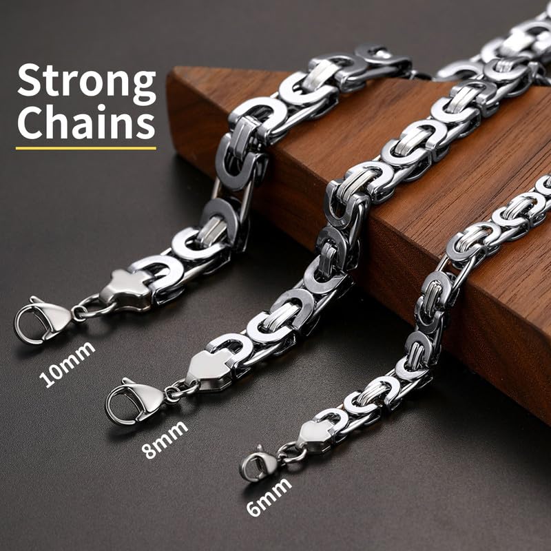 Flat Byzantine Necklace 10mm 28inch Long Stainless Steel Mens Metal Heavy Byzantine Link Chain Male