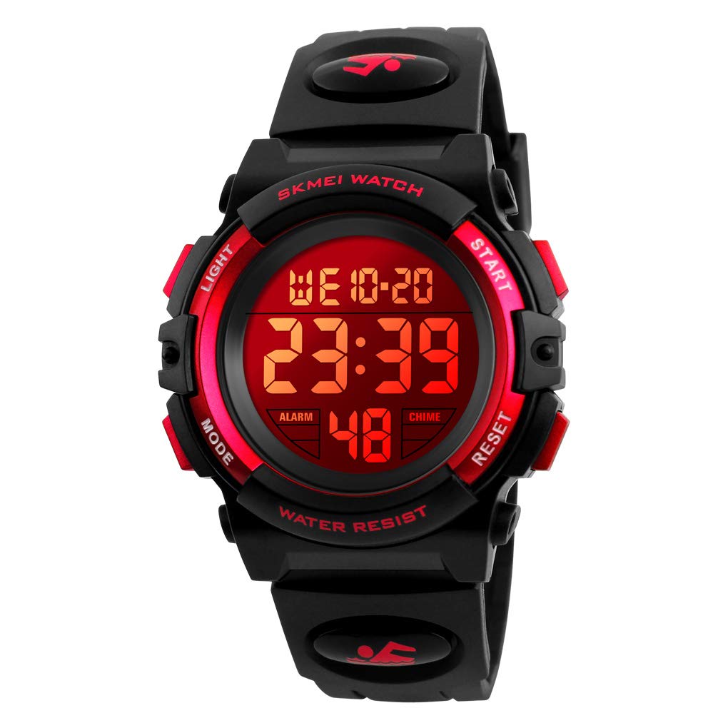 FIZILI Boys Watch Digital Sports Waterproof Outdoor Kids Watches Alarm Clock 12/24 H Stopwatch Calendar 3-15 Year Old Boys Girls Wristwatch - Black Red