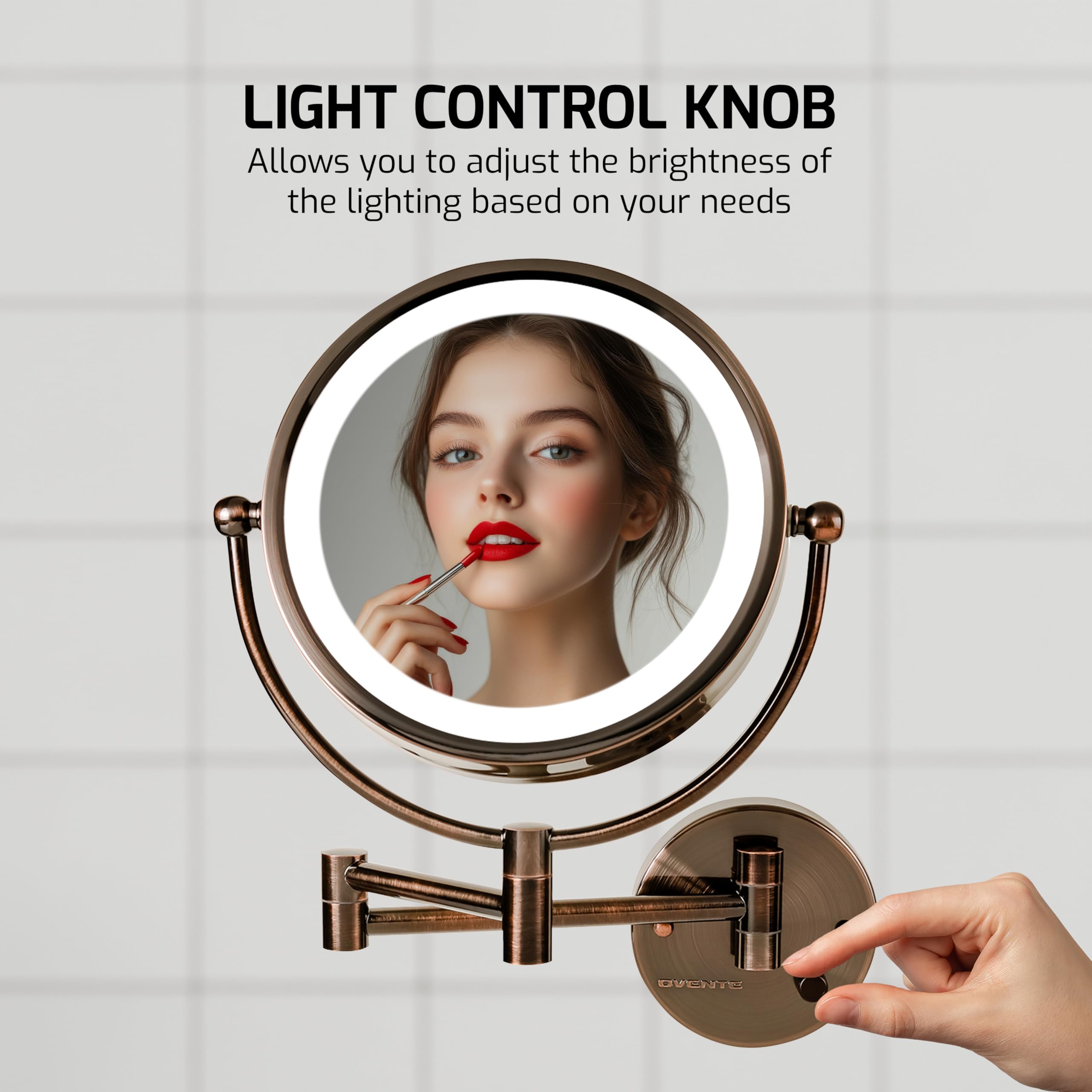 OVENTE 9" Lighted Wall Mount Makeup Mirror with 1X/7X Magnification, Double Sided Magnifying Bathroom Mirror, LED Glow Light, 360° Swivel Design, Extendable Folding Arm, Antique Brass MPWD3185AB1X7X