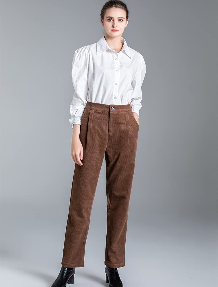 Minibee Women's Cropped Corduroy Pants Elastic Waist Retro Trouser with Pockets Brown