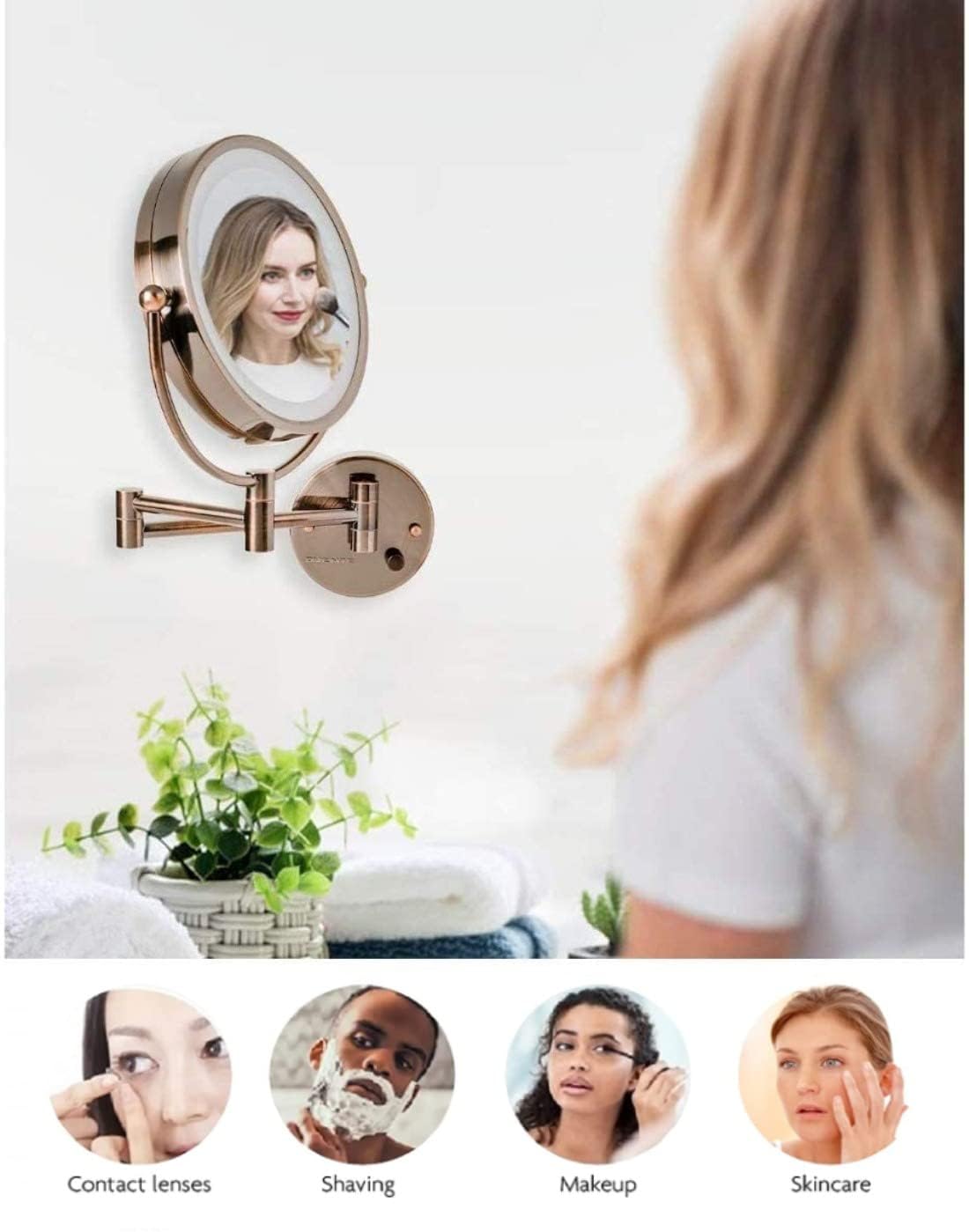 OVENTE 9" Lighted Wall Mount Makeup Mirror with 1X/7X Magnification, Double Sided Magnifying Bathroom Mirror, LED Glow Light, 360° Swivel Design, Extendable Folding Arm, Antique Brass MPWD3185AB1X7X