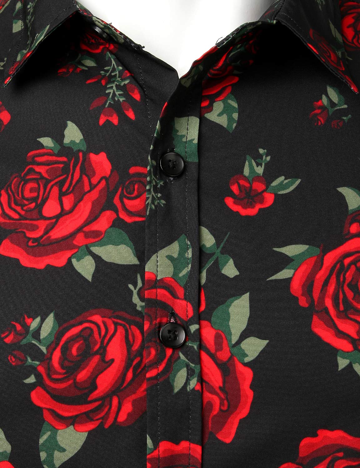 ZEROYAA Mens Fashion Urban Design Polyester Slim Fit Long Sleeve Rose Printed Button Up Dress Shirts ZLCL21-Black Small