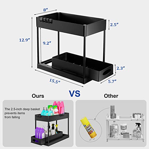KMIGRUAN Under Sink Organizers and Storage,2 Tier Kitchen and Bathroom Organizer Under Sink Shelf,Multi-function with Hook Under Cabinet Organizer