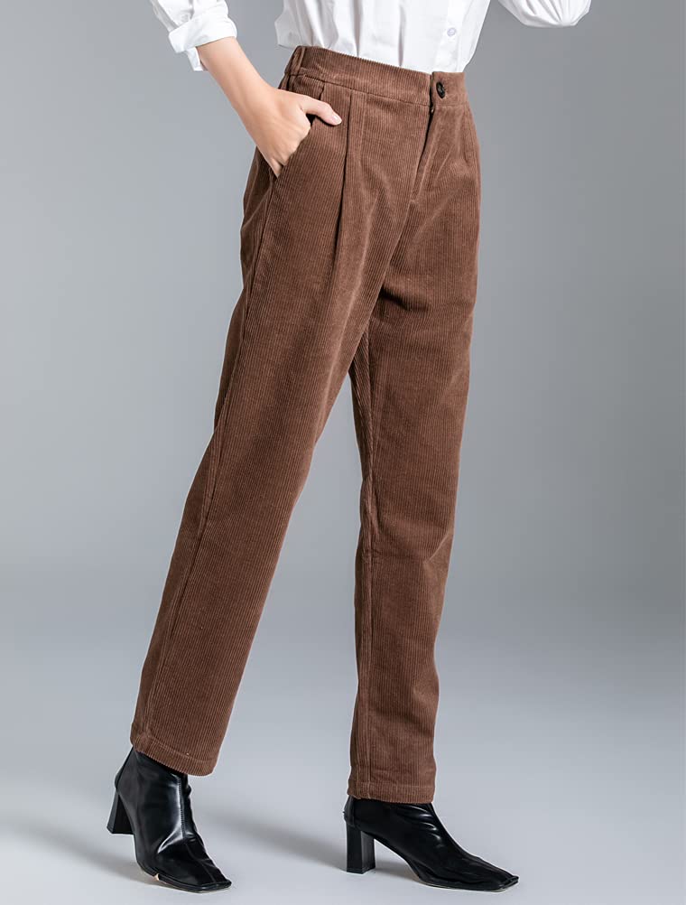 Minibee Women's Cropped Corduroy Pants Elastic Waist Retro Trouser with Pockets Brown