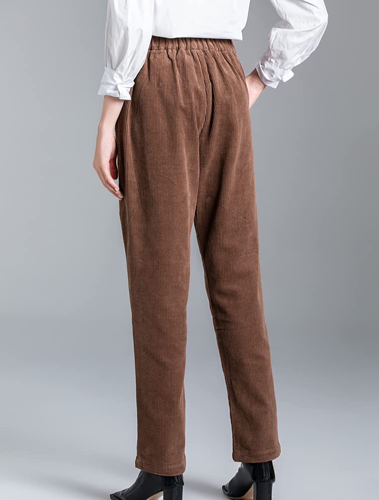 Minibee Women's Cropped Corduroy Pants Elastic Waist Retro Trouser with Pockets Brown