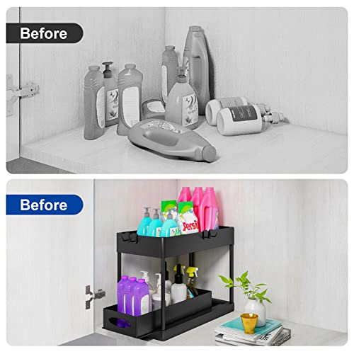 KMIGRUAN Under Sink Organizers and Storage,2 Tier Kitchen and Bathroom Organizer Under Sink Shelf,Multi-function with Hook Under Cabinet Organizer