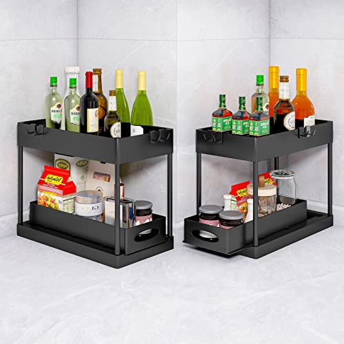KMIGRUAN Under Sink Organizers and Storage,2 Tier Kitchen and Bathroom Organizer Under Sink Shelf,Multi-function with Hook Under Cabinet Organizer