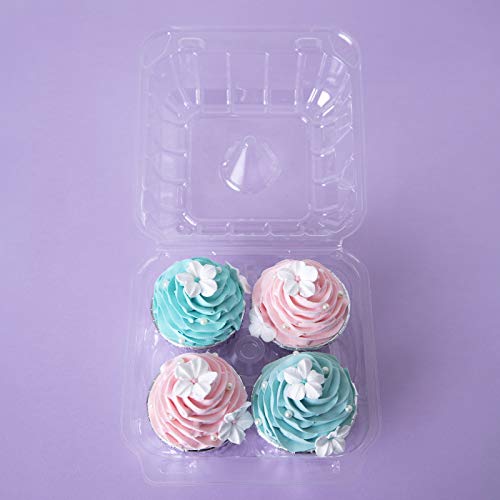 Clear Cupcake Boxes 4 Cavity Holder,ONE MORE Large 4 Compartment Muffin Containers Plastic Cupcake Carrier with Deep Dome 4" High Safe Eco-friendly Material Pack of 15