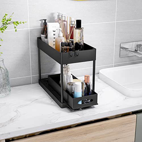 KMIGRUAN Under Sink Organizers and Storage,2 Tier Kitchen and Bathroom Organizer Under Sink Shelf,Multi-function with Hook Under Cabinet Organizer
