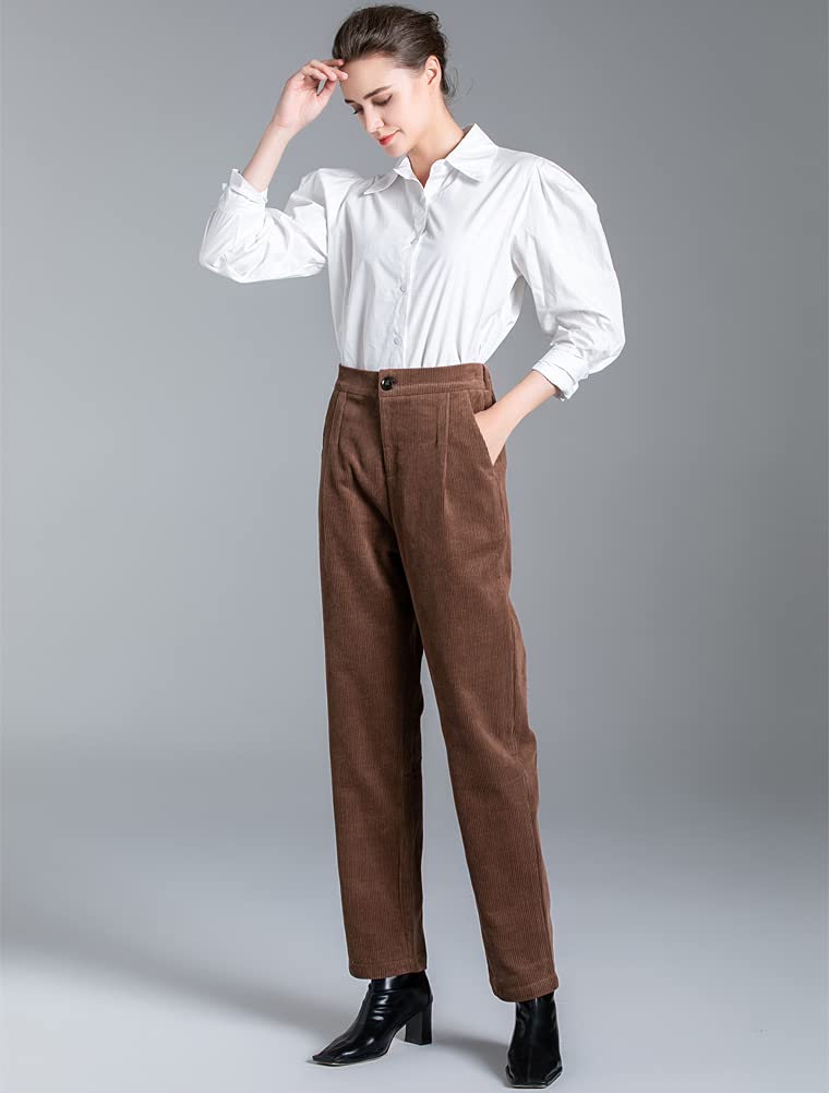 Minibee Women's Cropped Corduroy Pants Elastic Waist Retro Trouser with Pockets Brown