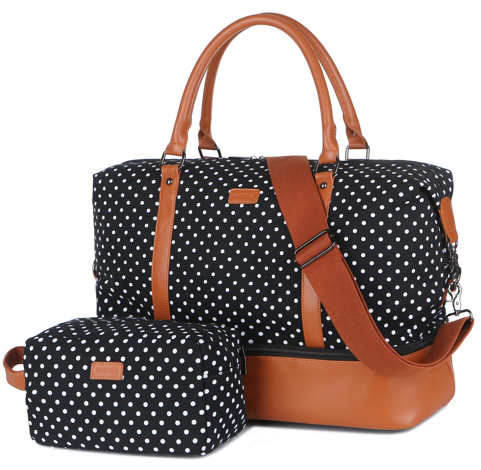 BAOSHA HB-28 Ladies Women Canvas Travel Weekender Bag Overnight Carry-on Duffel Tote Bag (Black Dot) 18 x 13 x 8 inch