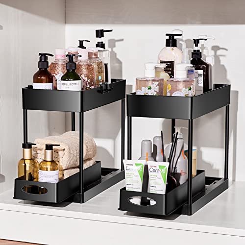 KMIGRUAN Under Sink Organizers and Storage,2 Tier Kitchen and Bathroom Organizer Under Sink Shelf,Multi-function with Hook Under Cabinet Organizer