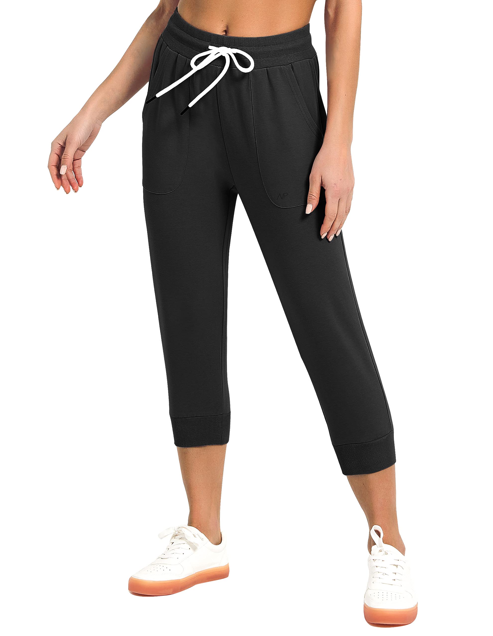 SPECIALMAGIC Women's Sweatpants Cropped Jogger French Terry Running Pants Lounge Loose Fit Drawstring Waist with Side Pockets Black M