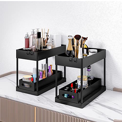 KMIGRUAN Under Sink Organizers and Storage,2 Tier Kitchen and Bathroom Organizer Under Sink Shelf,Multi-function with Hook Under Cabinet Organizer