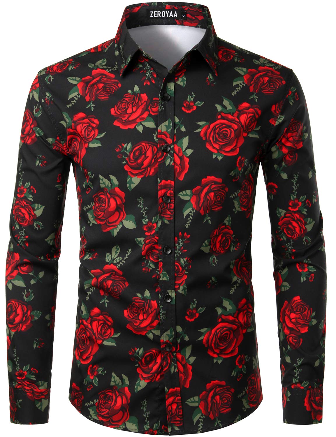 ZEROYAA Mens Fashion Urban Design Polyester Slim Fit Long Sleeve Rose Printed Button Up Dress Shirts ZLCL21-Black Small