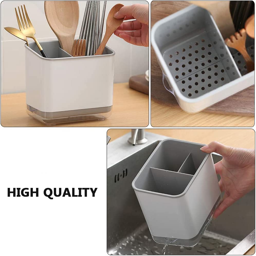 Utensil Holder, Kitchen Utensil Organizer Sponge Holder, Kitchen Sink Caddy with Drain Tray for Chopsticks, Spoon, Fork, Brush (Gray)