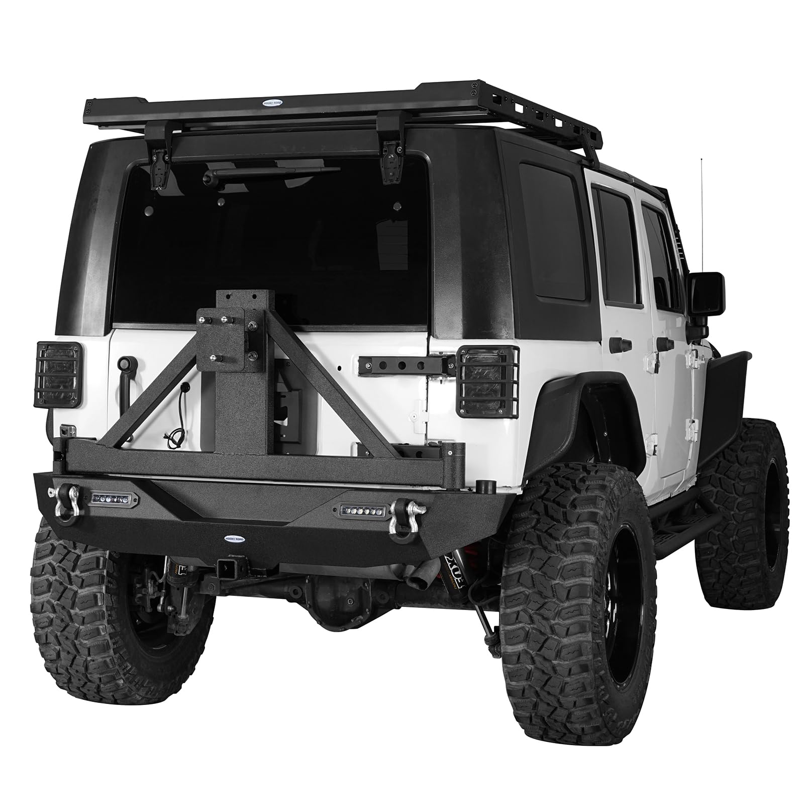 u-Box Wrangler JK Rear Bumper w/Spare Tire Carrier & Receiver Hitch & 2X LED Floodlights for Jeep Wrangler JK & JKU 2007-2018 - Different Trail