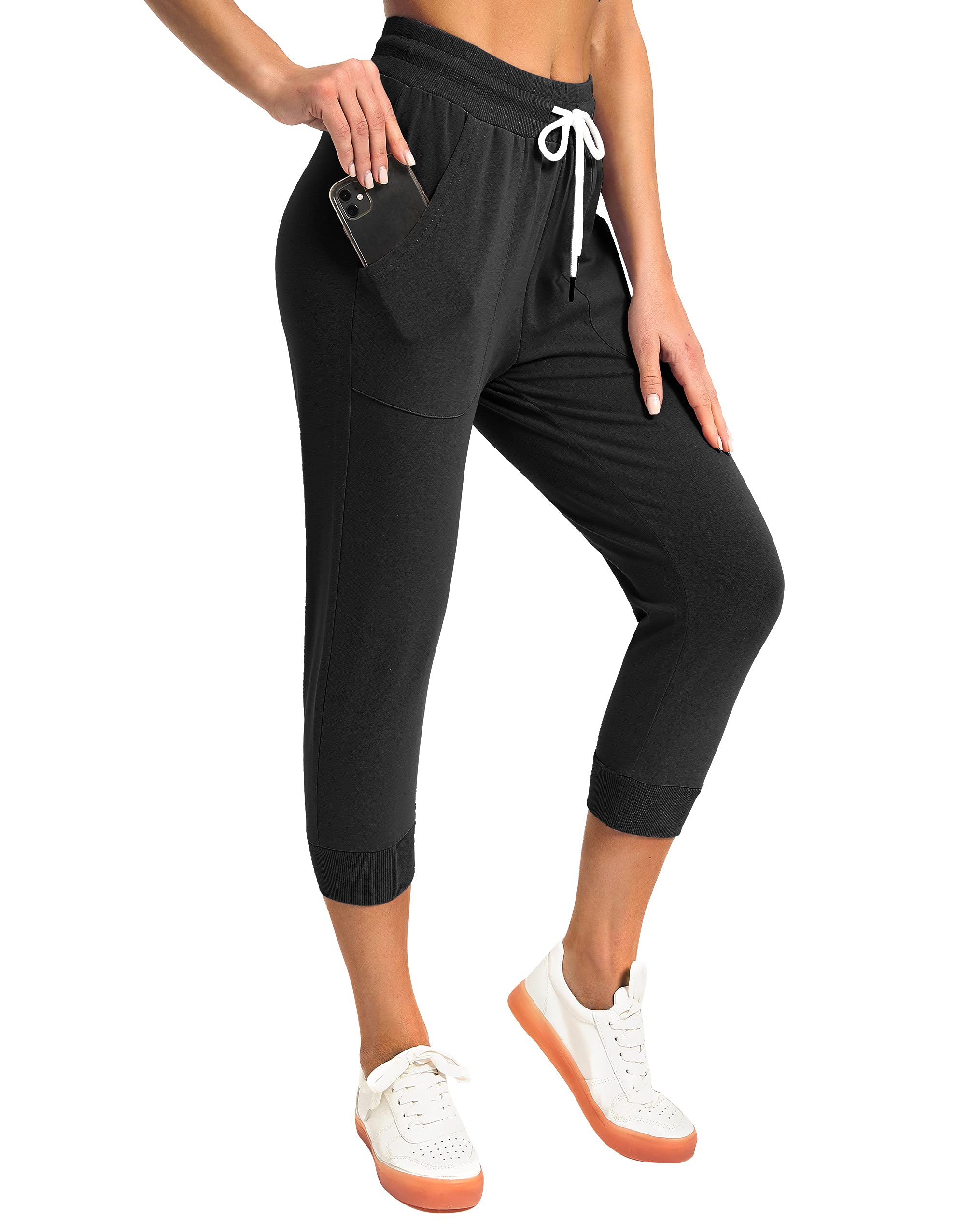 SPECIALMAGIC Women's Sweatpants Cropped Jogger French Terry Running Pants Lounge Loose Fit Drawstring Waist with Side Pockets Black M