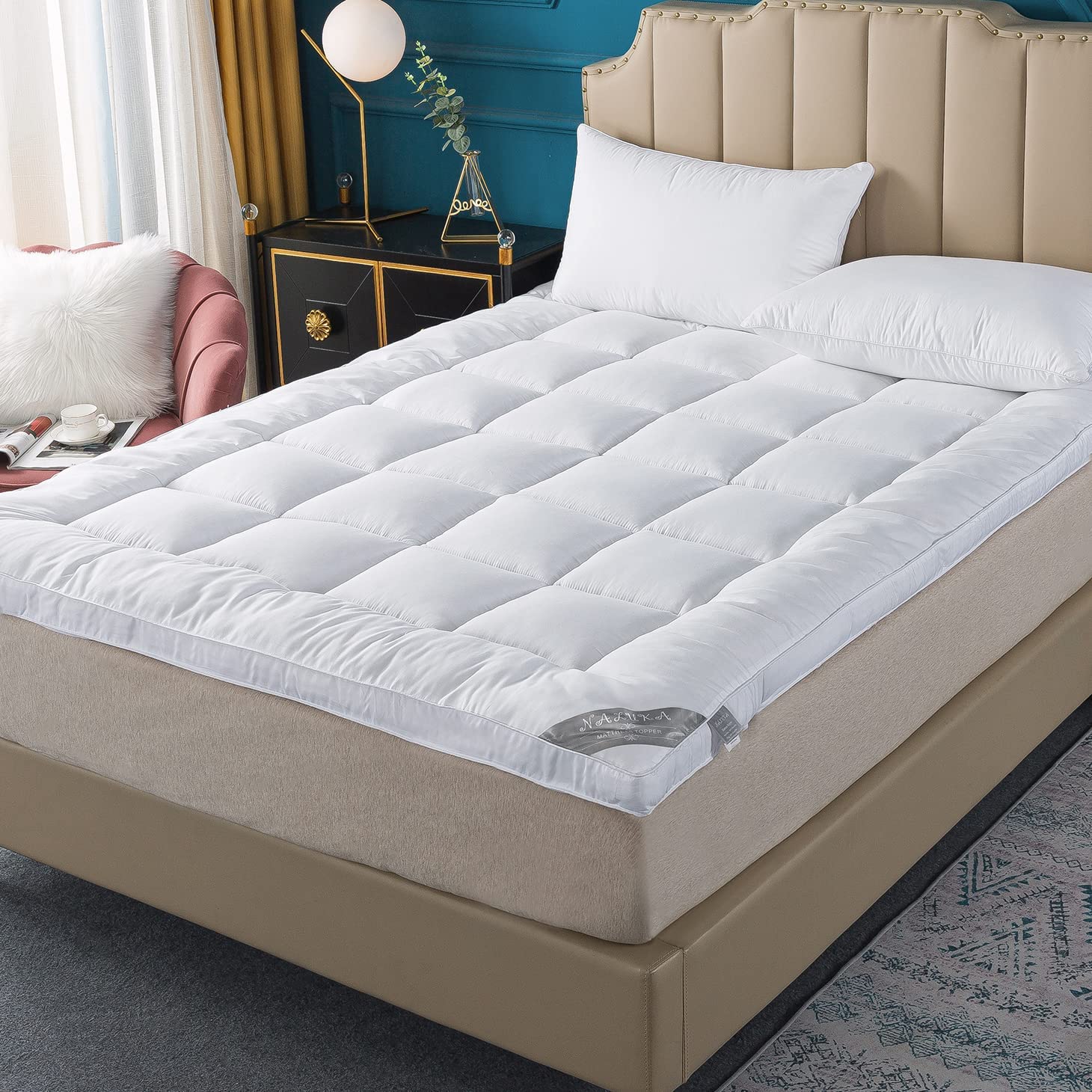 Mattress Topper Queen Size Down Alternative Overfilled White Pillow Top Mattress Cover Plush Super Soft 2 Inch Thick Mattress Pad