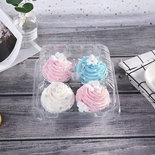 Clear Cupcake Boxes 4 Cavity Holder,ONE MORE Large 4 Compartment Muffin Containers Plastic Cupcake Carrier with Deep Dome 4" High Safe Eco-friendly Material Pack of 15