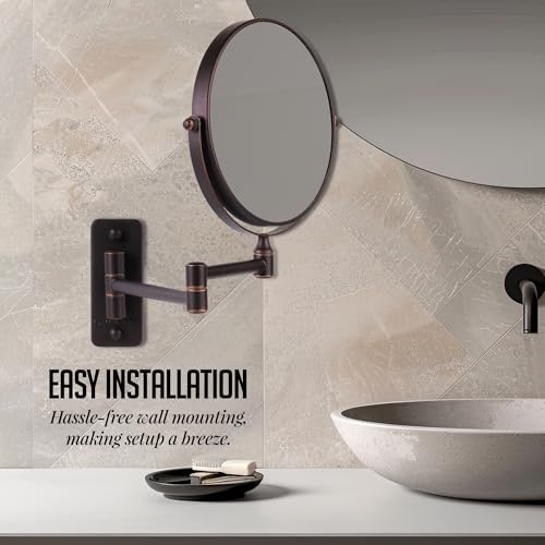 OVENTE 7" Wall Mounted Makeup Mirror with 1X/10X Magnification, Double Sided Magnifying Round Bathroom Vanity Mirror, 360° Swivel Design, Extendable and Folding Arm, Antique Bronze MNLFW70ABZ1X10X