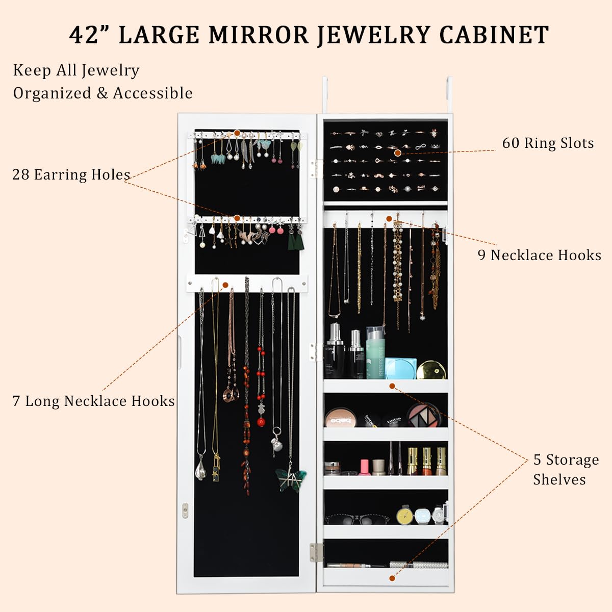 TOMENGBEIAABBCC SPPRANDOM HOMGX Mirrored Wall-Mounted Jewelry Cabinet, Lockable Door Mounted Jewelry Armoires, Full Length Dressing Mirror Jewelry Organizer with 5 Storage Shelves, White