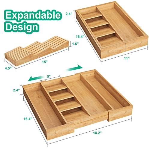 kiplant Bamboo Kitchen Drawer Organizer, Expandable Cutlery Tray Silverware Organizer with Large Knife Blocks for Silverware, Flatware, Knives, Utensil Organizer for Kitchen Drawers