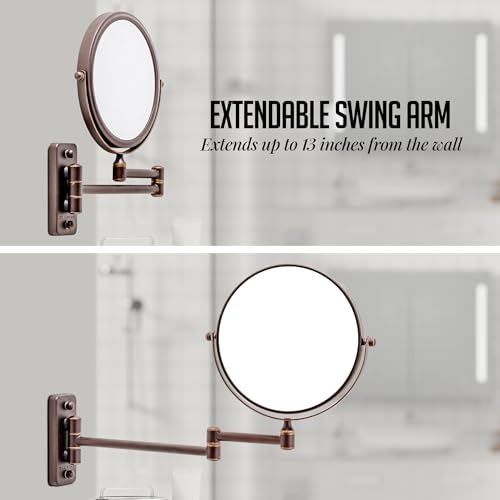 OVENTE 7" Wall Mounted Makeup Mirror with 1X/10X Magnification, Double Sided Magnifying Round Bathroom Vanity Mirror, 360° Swivel Design, Extendable and Folding Arm, Antique Bronze MNLFW70ABZ1X10X
