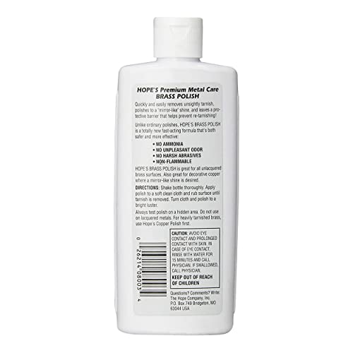 HOPE'S Premium Metal Care Brass Polish and Cleaner, Shines and Prevents Tarnish, Safe for Brass, Copper, Chrome, Sterling Silver, 8 oz, Pack of 1