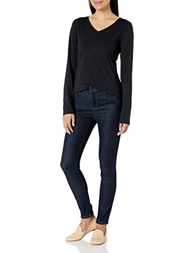 Amazon Essentials Women's Classic-Fit 100% Cotton Long-Sleeve V-Neck T-Shirt, Black, Large