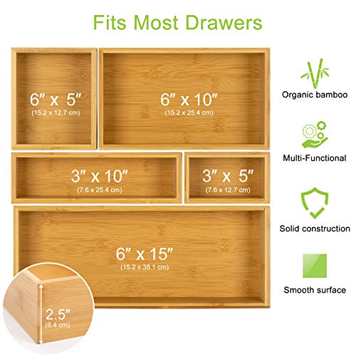 Secura Kitchen Drawer Utensil Organizer Box Set 5 Pack, Bamboo Utensil Holder Cutlery Makeup Silverware Jewelry Flatware Organization Tray for Kitchen, Bathroom, Office and Living Room