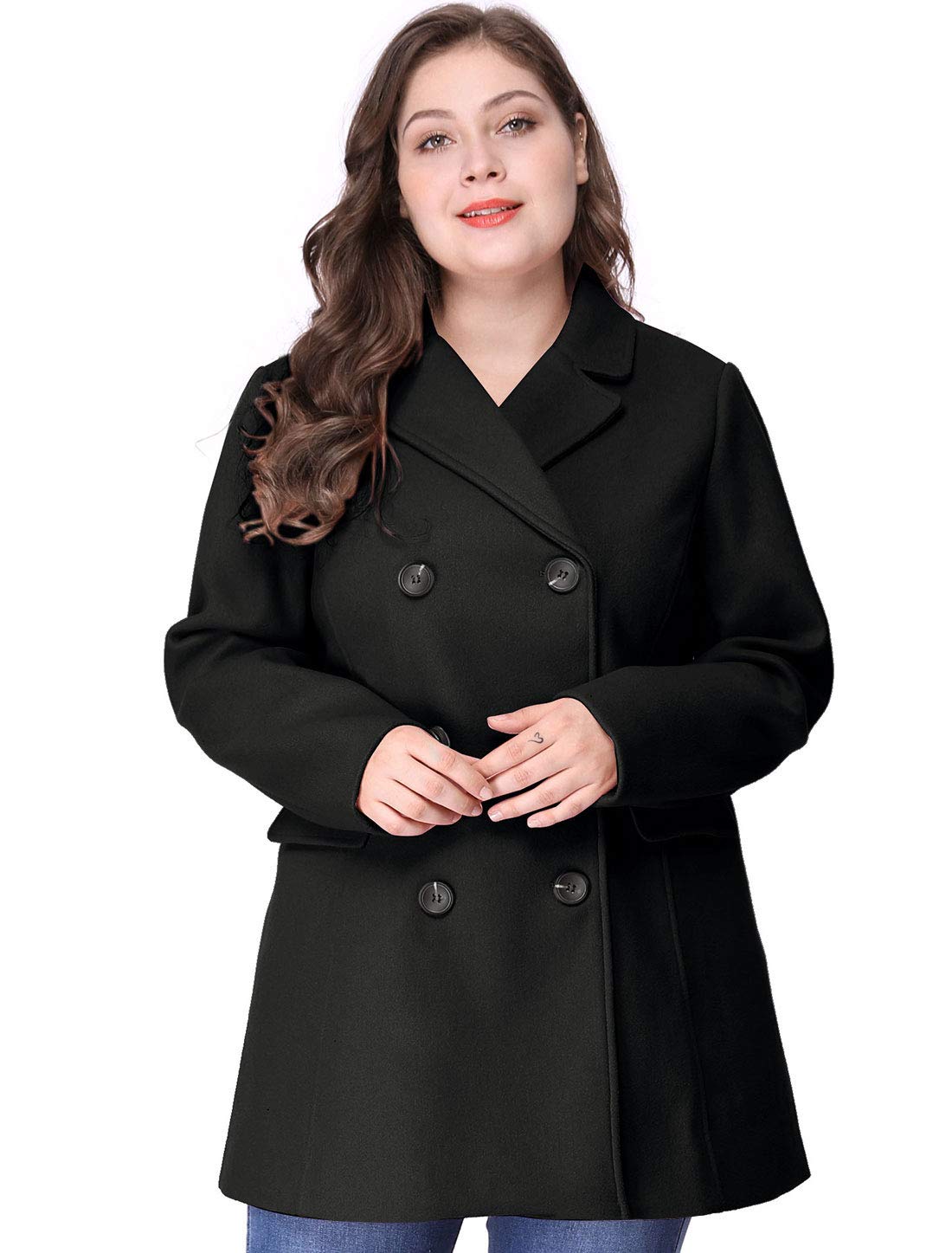 Agnes Orinda Women's Plus Size Notched Lapel Double Breasted Coats 2X Black