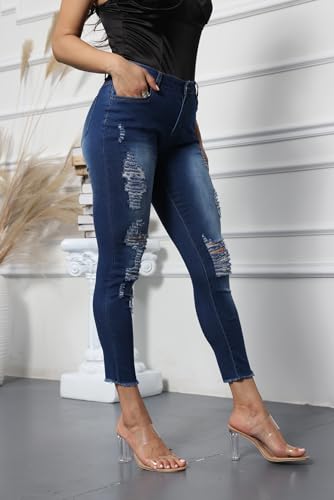 Women High Waist Skinny Stretch Ripped Jeans Cropped Knee Destroyed Denim Pants Dark Blue…