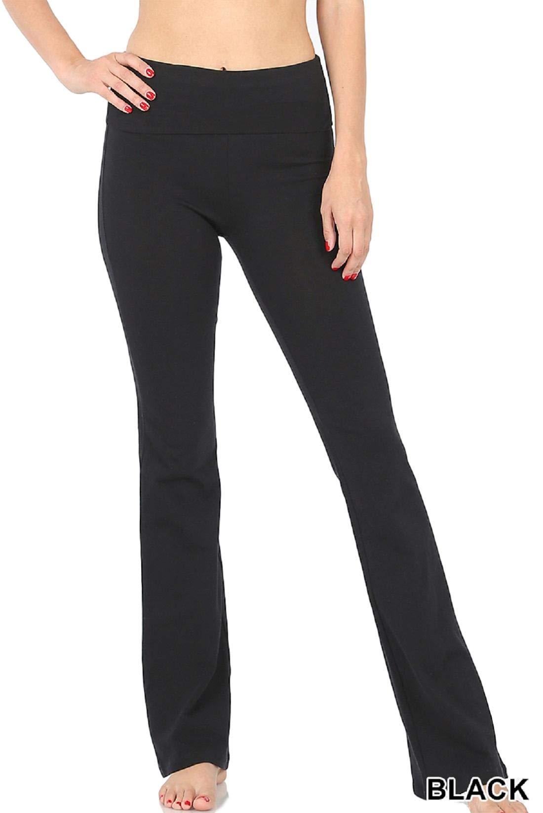 Zenana Women's Plus Size Stretch Cotton Fold Over Waist Flare Leg Yoga Pants - Black - 1XL