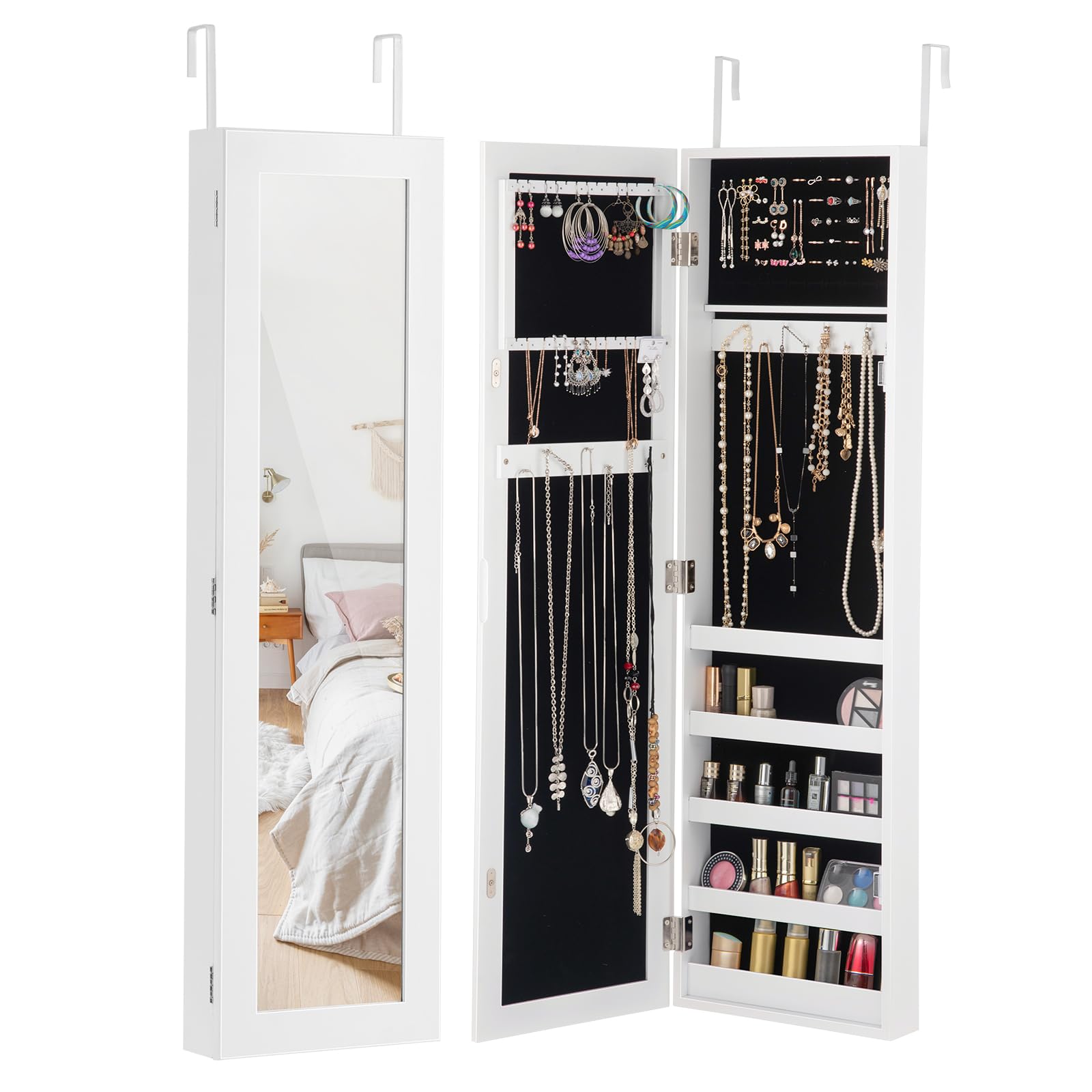 TOMENGBEIAABBCC SPPRANDOM HOMGX Mirrored Wall-Mounted Jewelry Cabinet, Lockable Door Mounted Jewelry Armoires, Full Length Dressing Mirror Jewelry Organizer with 5 Storage Shelves, White