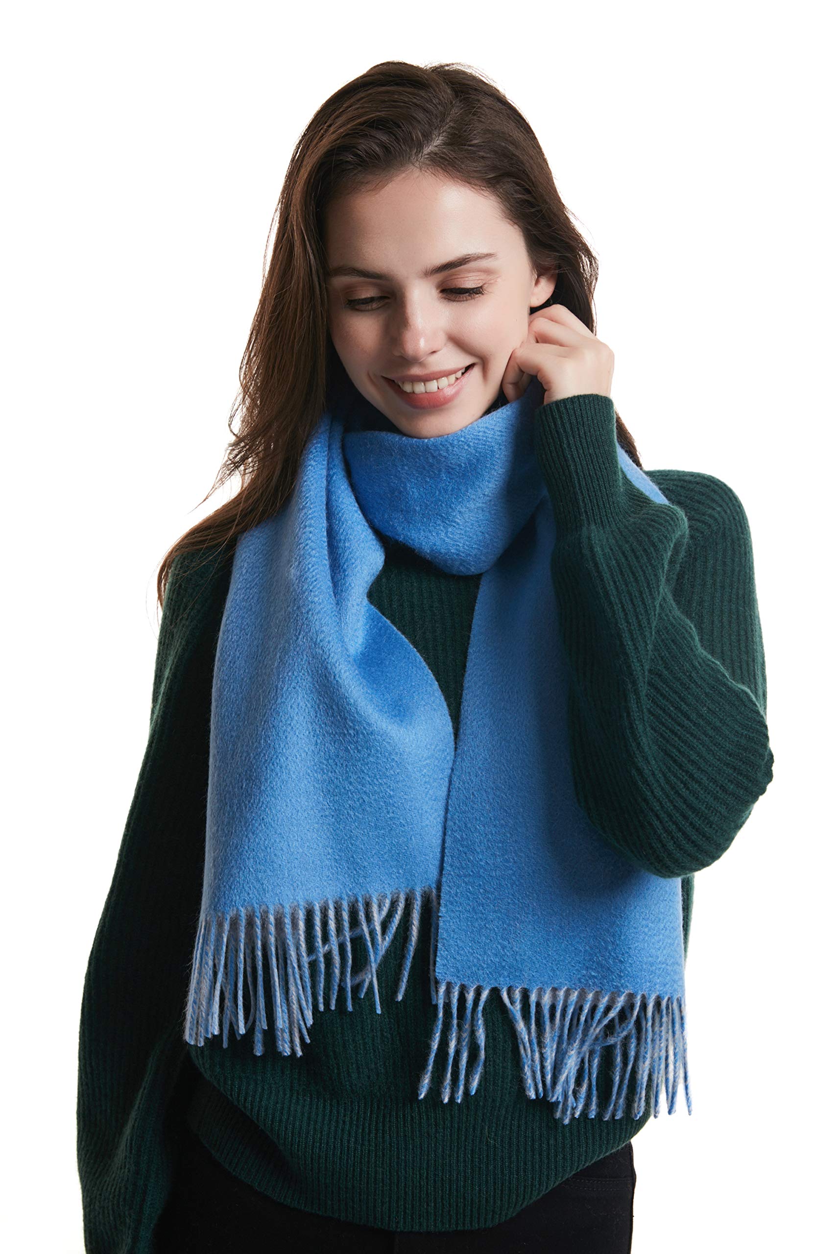 EURKEA 100% Cashmere 2024 Winter Scarf for Women, Fringed Edges, Warm & Soft, Lightweight, Gift Ready, Solid/Plaid/Two-Tone, Blue_Solid, Free Size