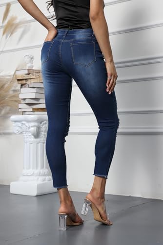 Women High Waist Skinny Stretch Ripped Jeans Cropped Knee Destroyed Denim Pants Dark Blue…