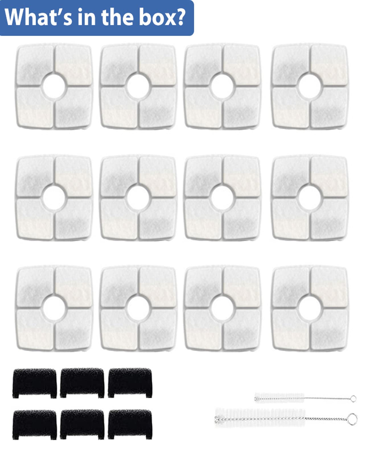 Aroundu Cat Fountain Filter Replacement Set 20 Pcs, Compatible with 84oz/2.5L Square Fountain,12 Filter 6 Sponge 2 Brush Included