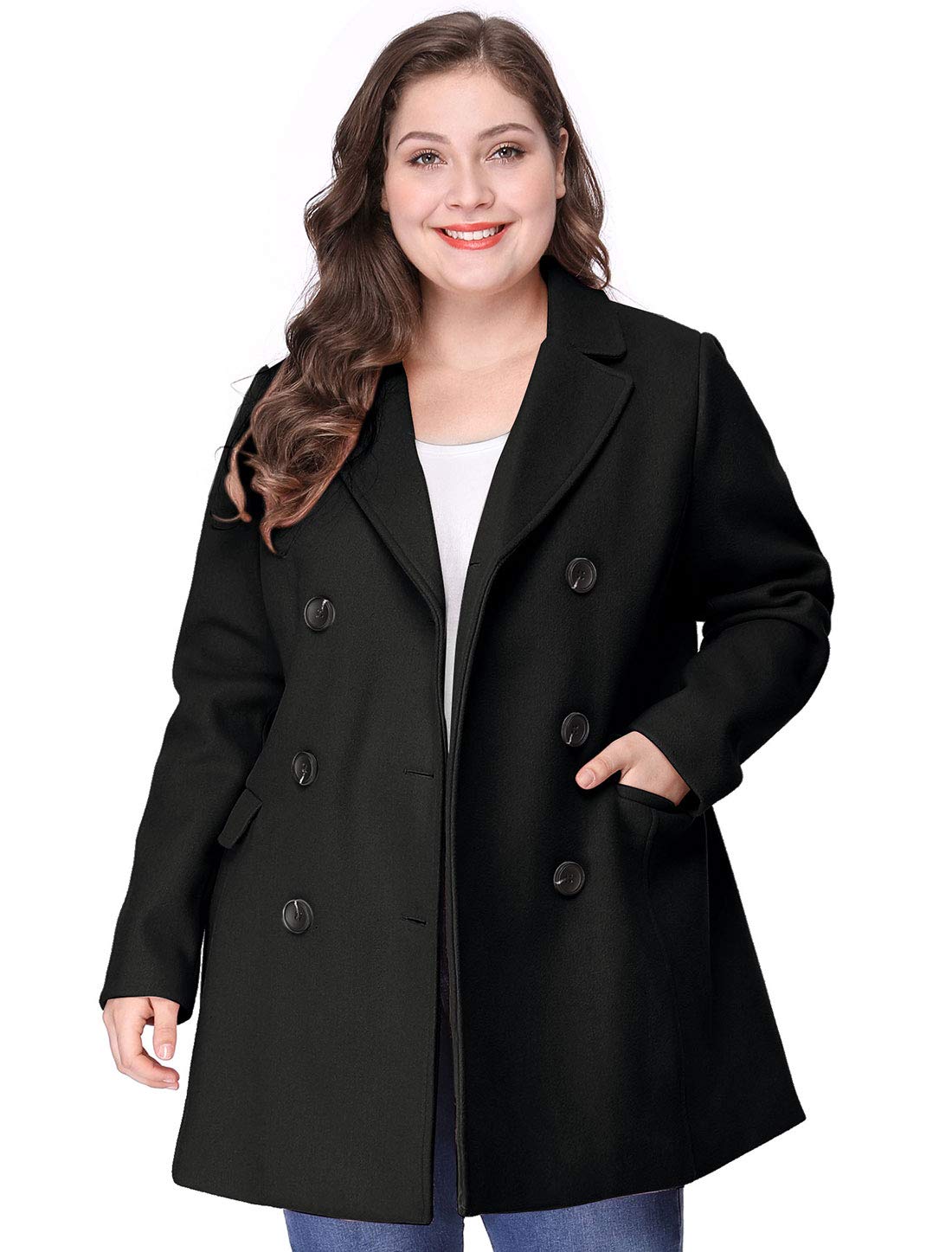 Agnes Orinda Women's Plus Size Notched Lapel Double Breasted Coats 2X Black