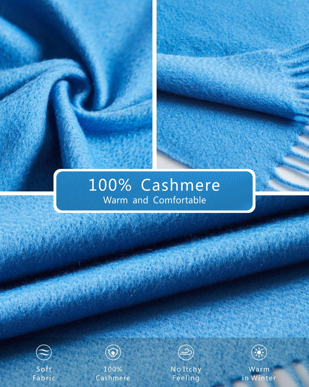 EURKEA 100% Cashmere 2024 Winter Scarf for Women, Fringed Edges, Warm & Soft, Lightweight, Gift Ready, Solid/Plaid/Two-Tone, Blue_Solid, Free Size