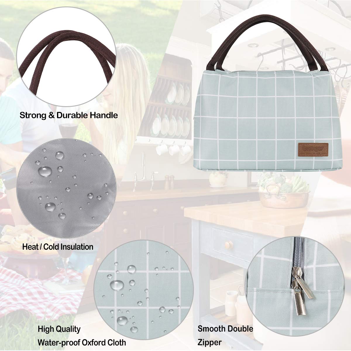Buringer Insulated Lunch Bag Lunch Box for Women Men Adult Lunch Tote for Work Picnic Travel (Green Plaid)