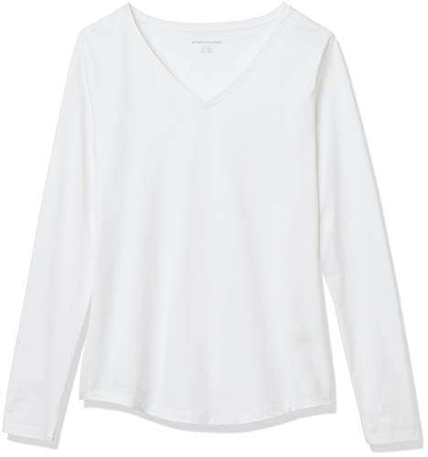 Amazon Essentials Women's Classic-Fit 100% Cotton Long-Sleeve V-Neck T-Shirt, White, X-Large