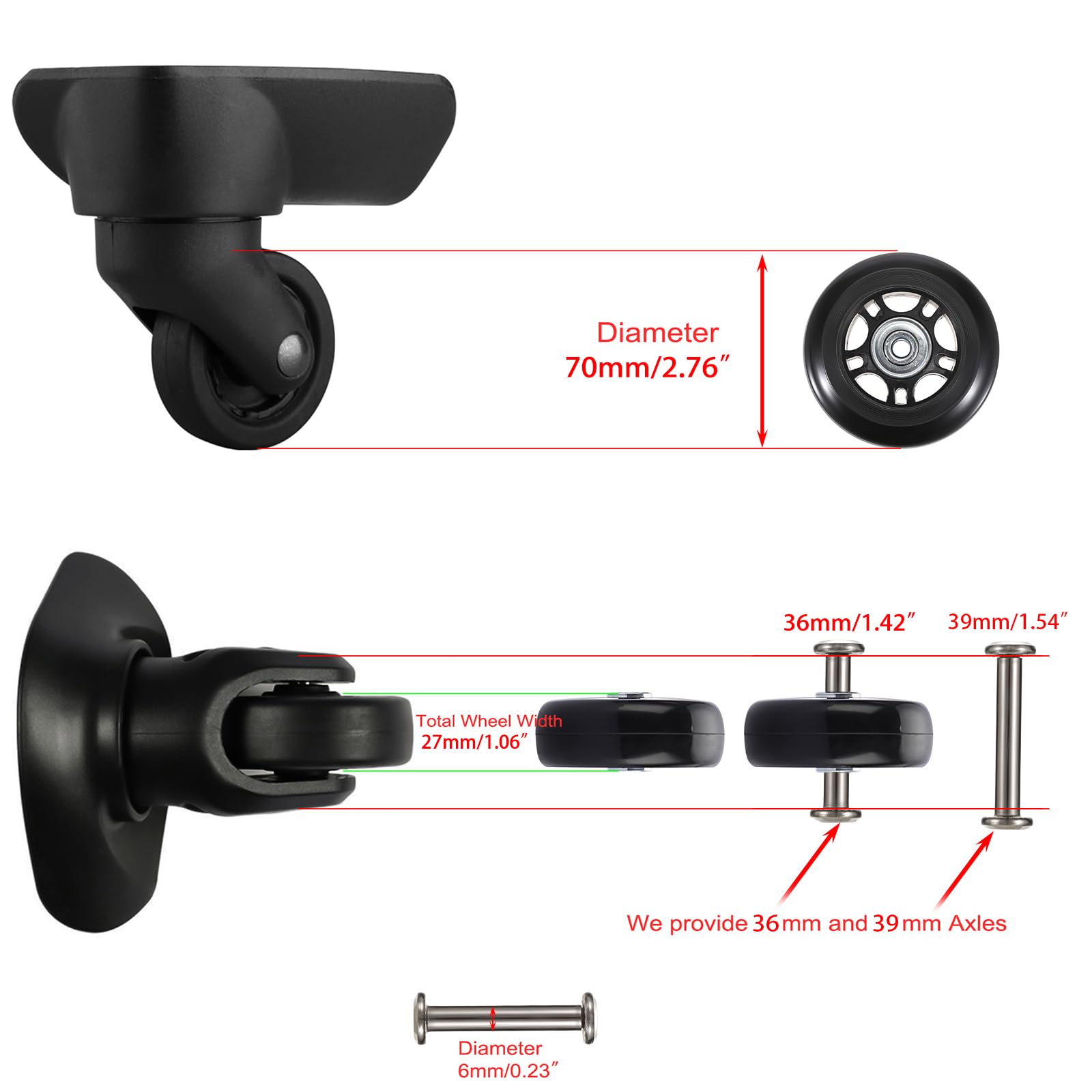 OwnMy 70mm x 24mm Luggage Suitcase Replacement Wheels, Rubber Swivel Caster Wheels Bearings Repair Kits, A Set of 2
