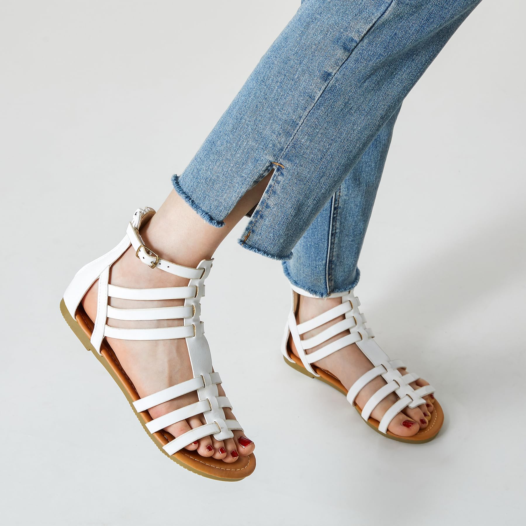 Trary Women's Sandal, Comfortable Gladiator Sandals Ankle Strap Flats Sandalias Para Mujer Beach Sandals Wide Width Open Toe Cross Strappy Sandals for Women Dressy Summer